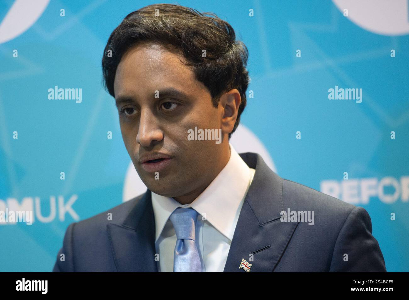 Esher, UK. 10 Jan 2025. Zia Yusuf - Chairman of Reform UK is ...