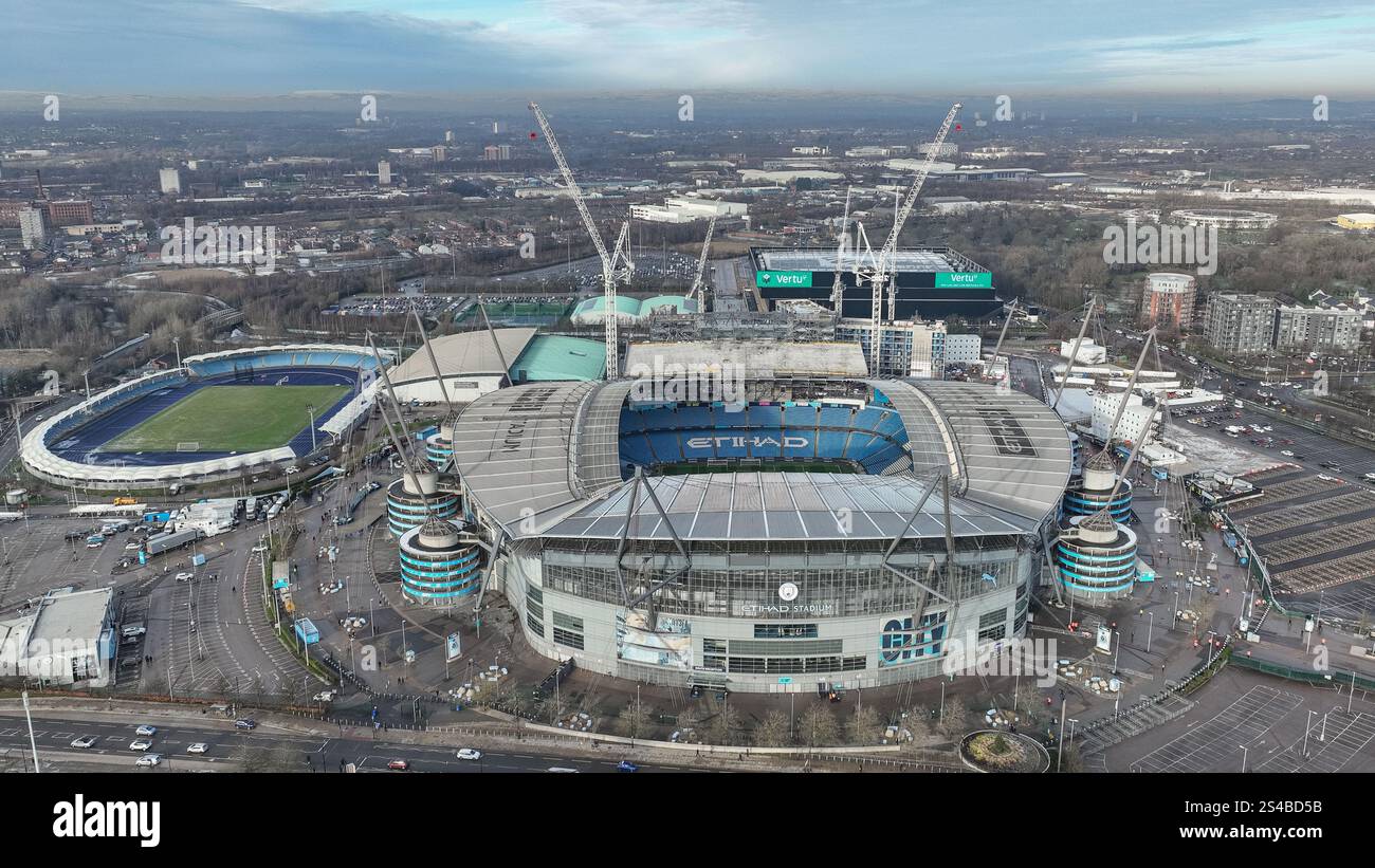 An aerial view of the Etihad Stadium and the construction of the new ...