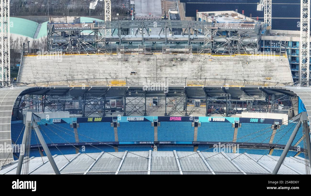 An aerial view of the Etihad Stadium and the construction of the new ...