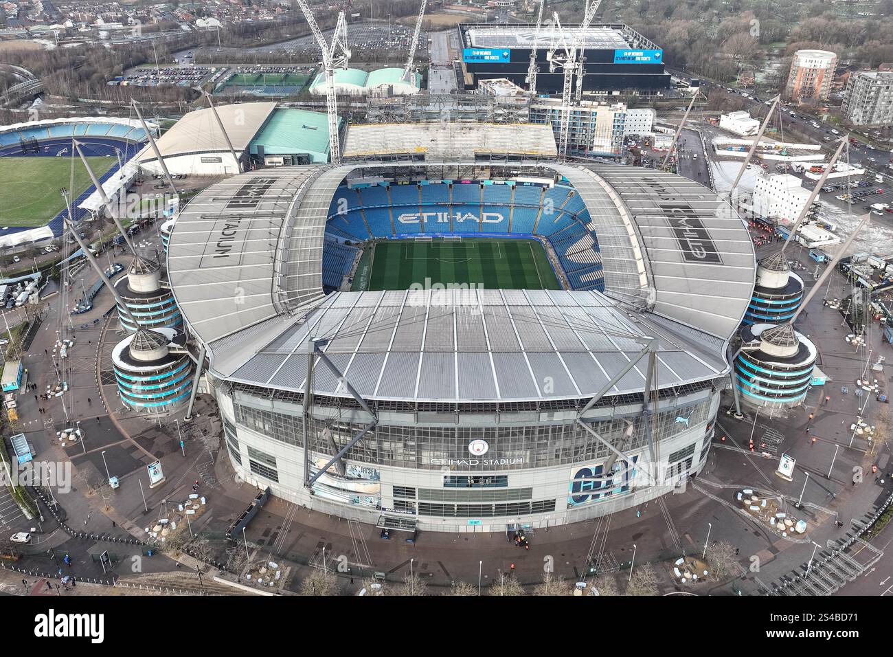 An aerial view of the Etihad Stadium and the construction of the new ...