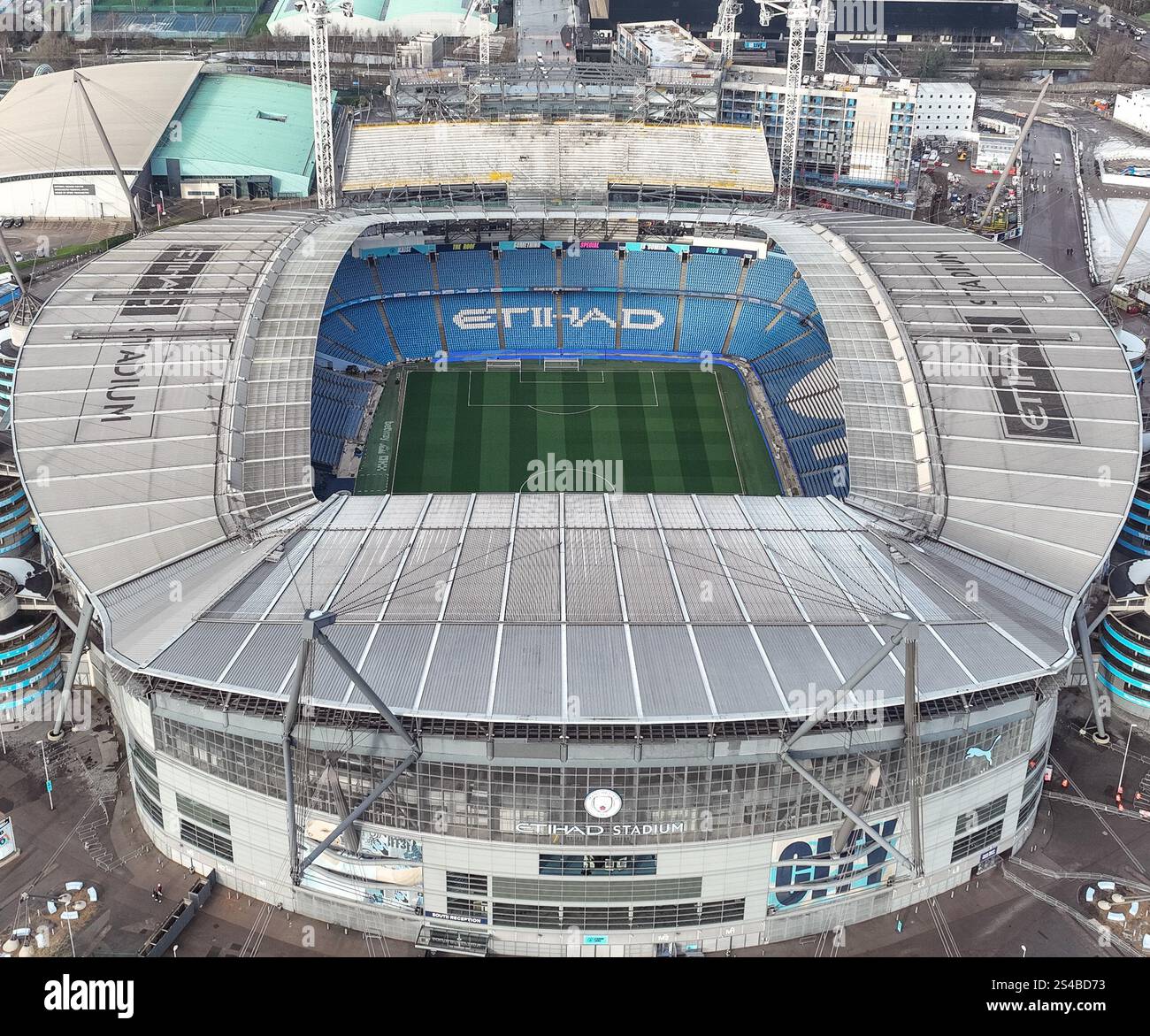 An aerial view of the Etihad Stadium and the construction of the new ...