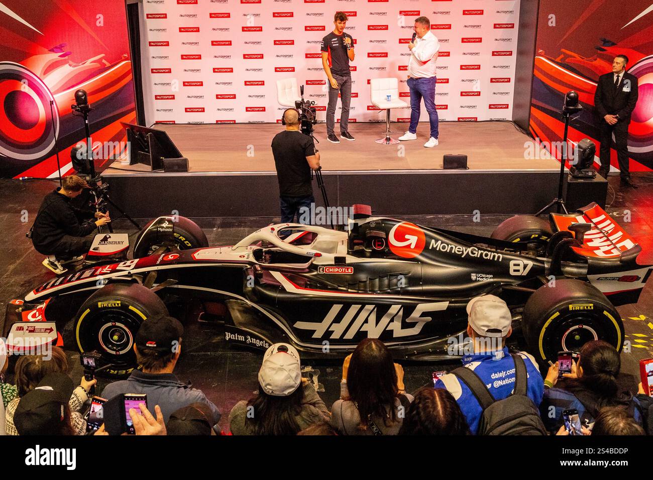 Birmingham, UK, 11 January 2025, Moneygram Haas F1 driver Ollie Bearman being interviewed by Sky ...