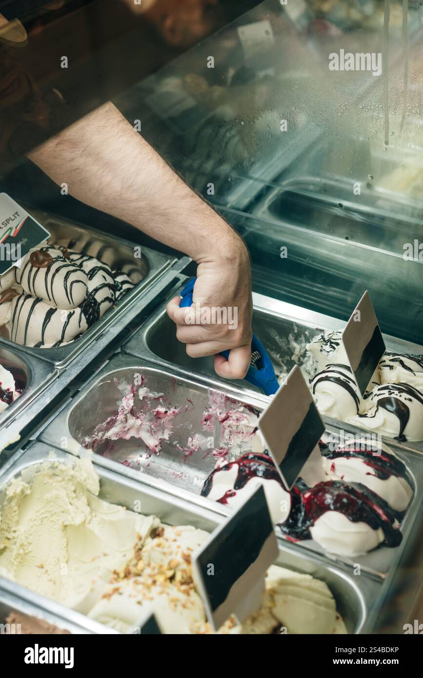An ice cream vendor places. Traditional ice cream in the Italy Stock ...