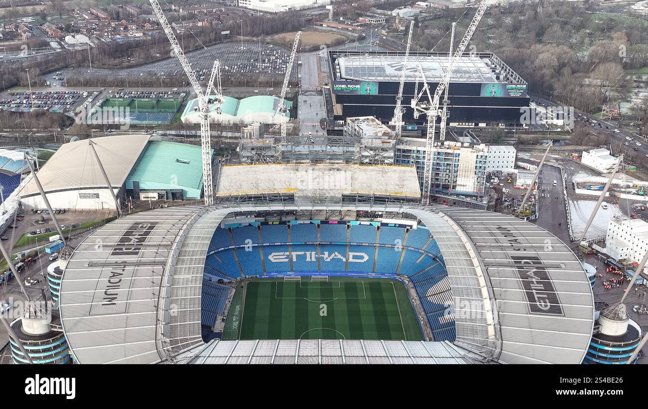 Manchester, UK. 11th Jan, 2025. An aerial view of the Etihad Stadium ...