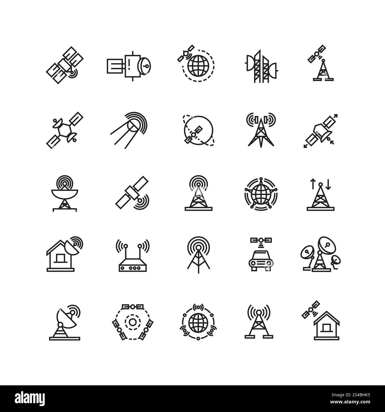 Satellite and orbit communication, aerial line thin icons. Satellite ...