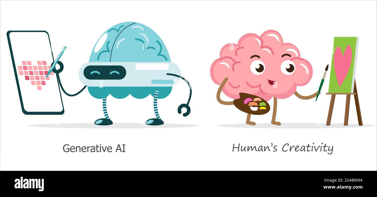 AI brain vs human brain in drawing and painting . Cartoon character ...