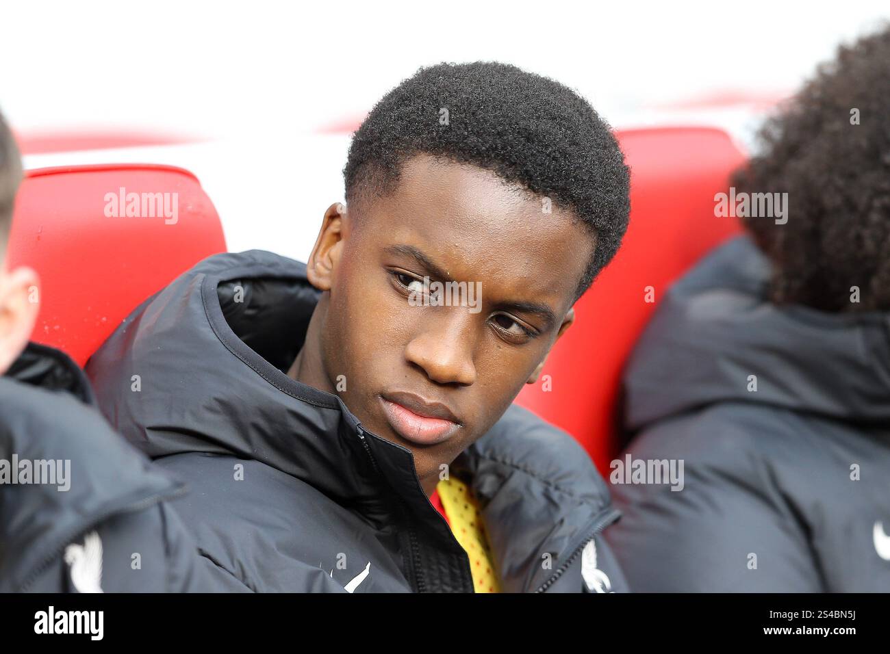 Liverpool, UK. 11th Jan, 2025. Trey Nyoni of Liverpool takes his seat ...