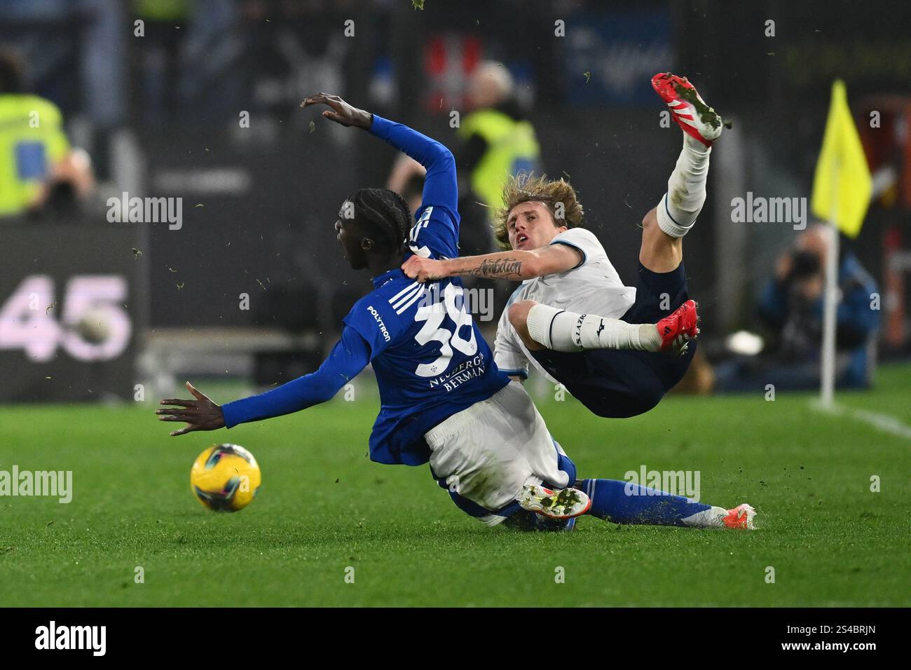 Rome, Italy. 10th Jan, 2025. Assane Diao of Como 1907 and Nicolo Rovella of S.S. Lazio in action ...