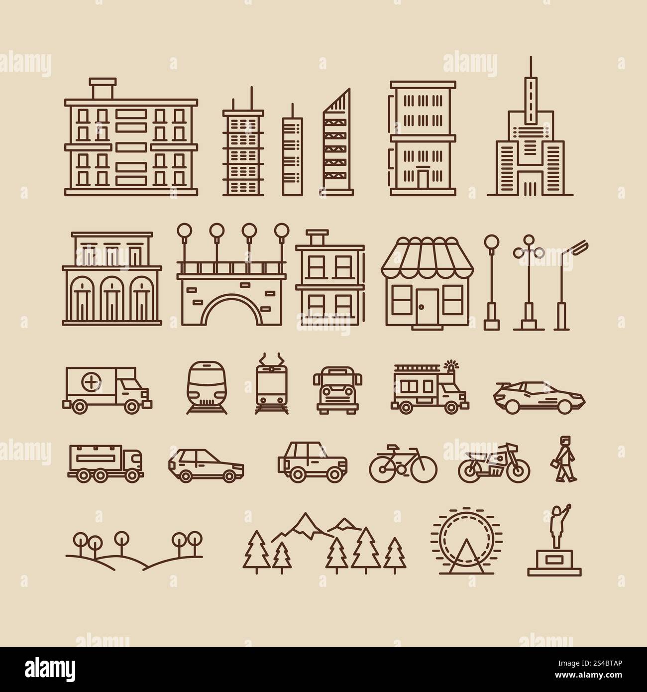 Line elements of city. Buildings, houses, trees, transport and bushes ...
