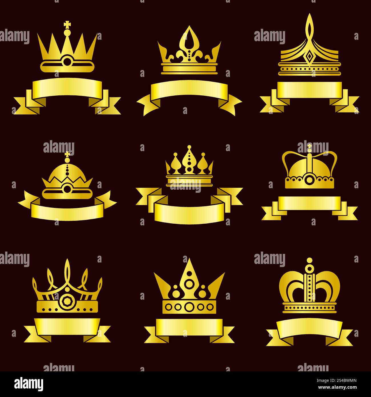 Gold crowns and ribbon banner vector set. Gold crowns and ribbon banner ...