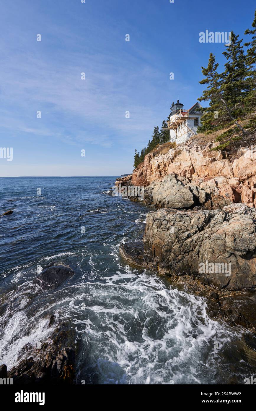 A beautiful clear day with a blue sky at Bar Harbor lighthouse in ...