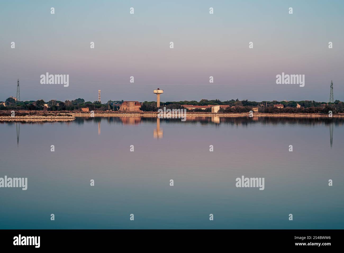 The back of the city of Cervia with the lagoon, the water tower, the ...