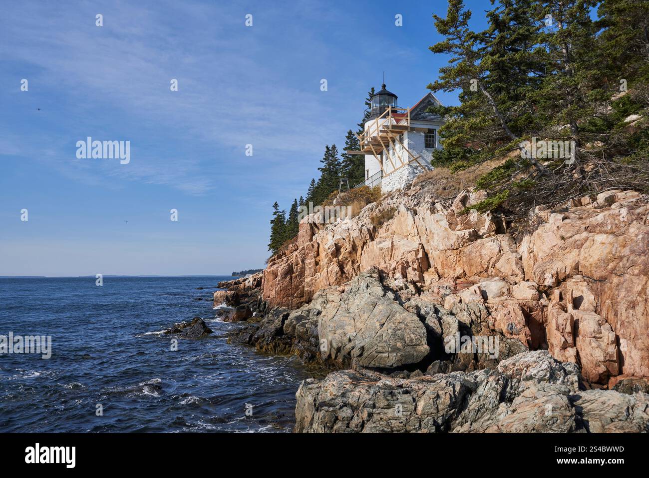 A beautiful clear day with a blue sky at Bar Harbor lighthouse in ...