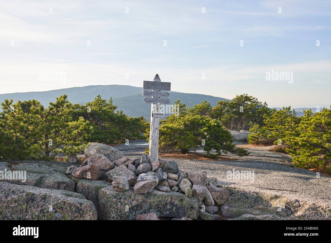 A guidepost marking the peak of Champlain mountain, and giving ...