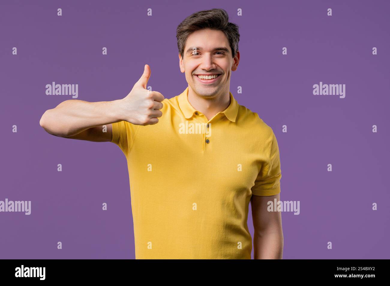 Positive american man makes hand sign like, thumbs up gesture. Happy ...
