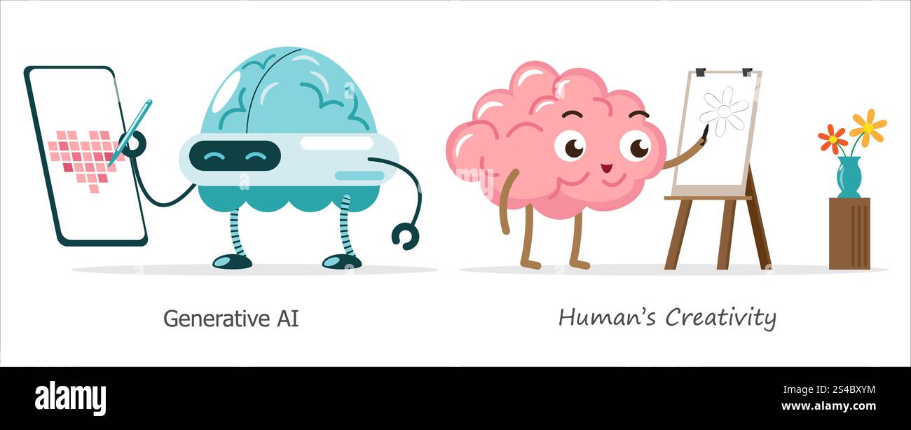 AI brain vs human brain in drawing and painting . Cartoon character ...
