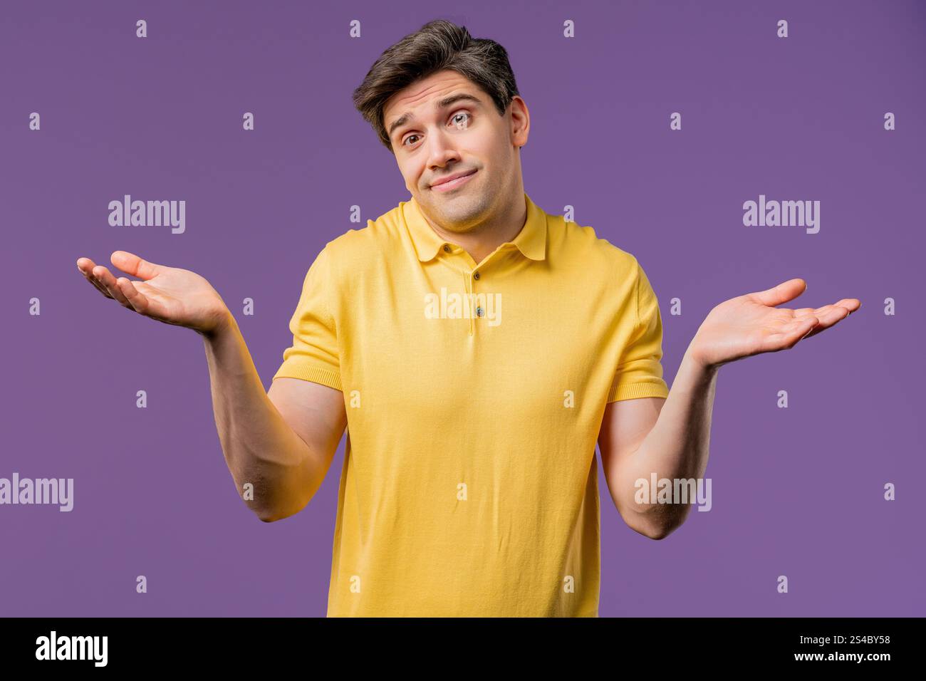 Confused casual 30s aged man, shoulders up - can't help, makes gesture ...