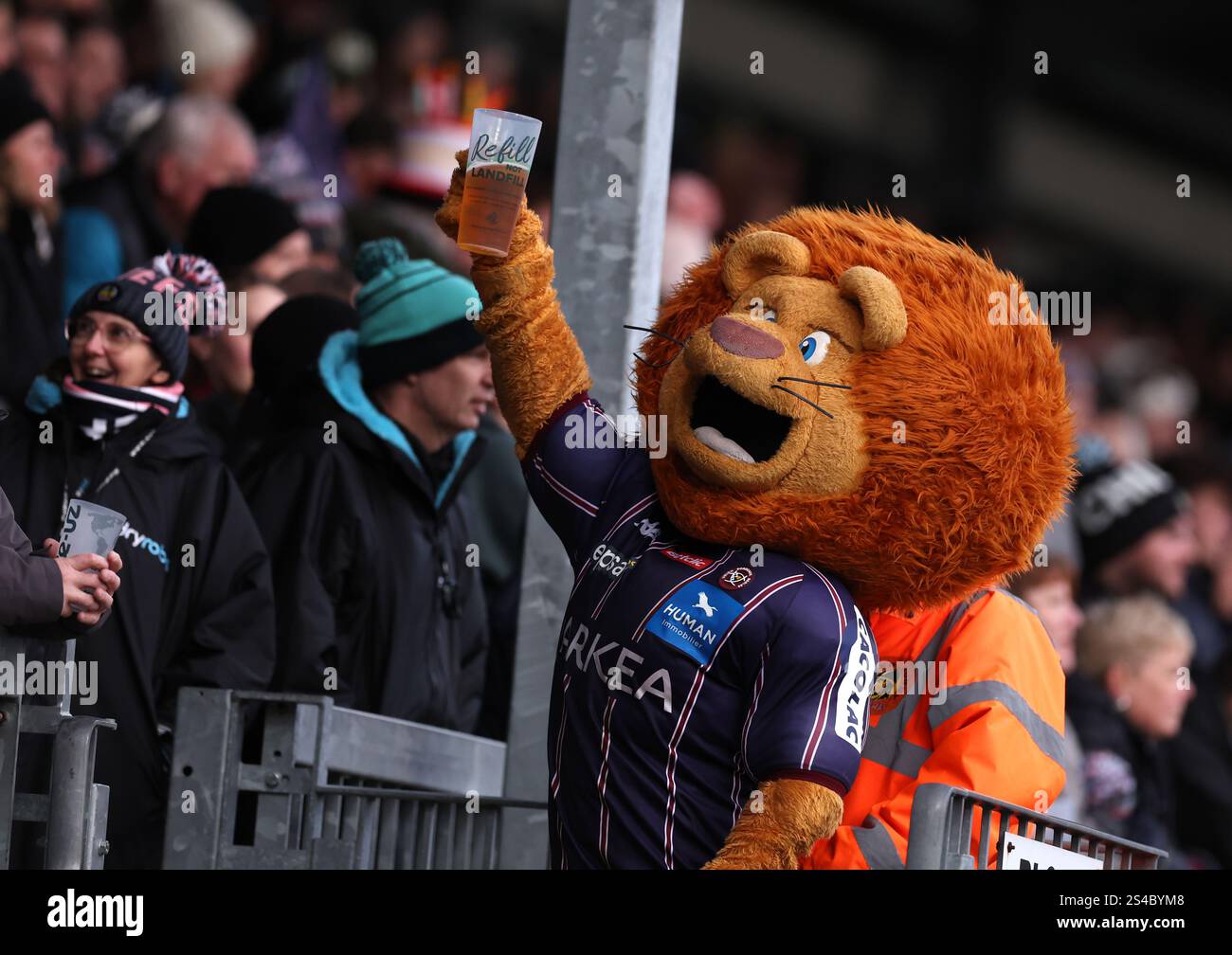 Bordeaux mascot Leo with a beer during the Investec Champions Cup match ...