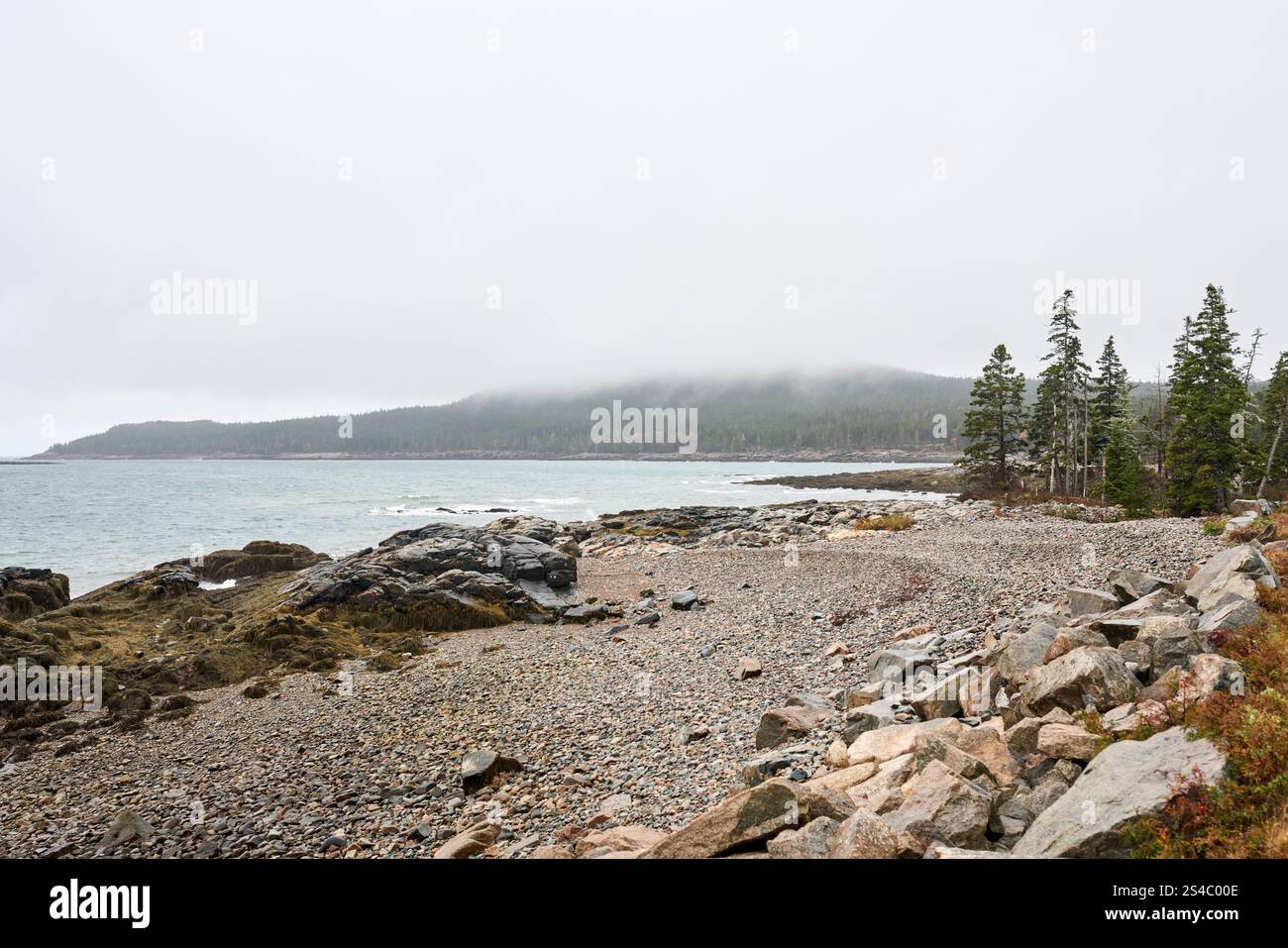 Its a windy, stormy day on the Maine shoreline. This beach is part of ...