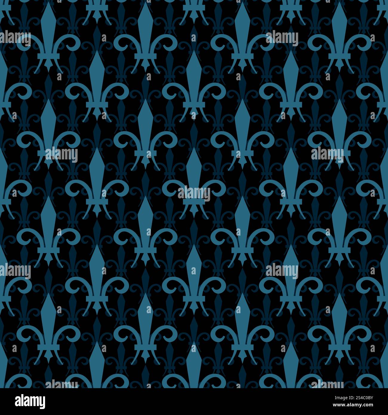 Dark black and blue fleur de lis vector seamless pattern. Dark black ...