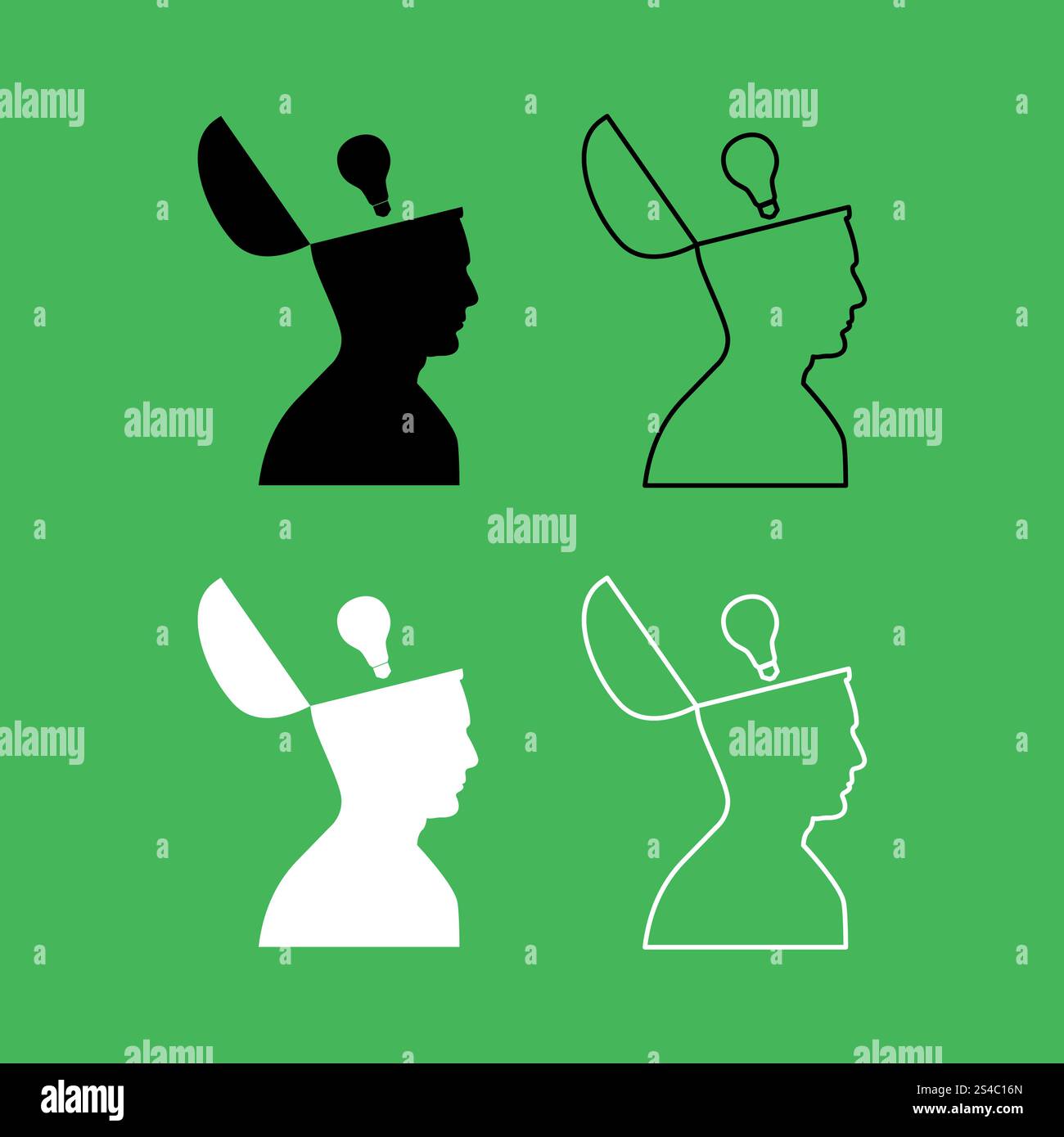 Man with lightbulb idea in open head icon Black and white color set ...