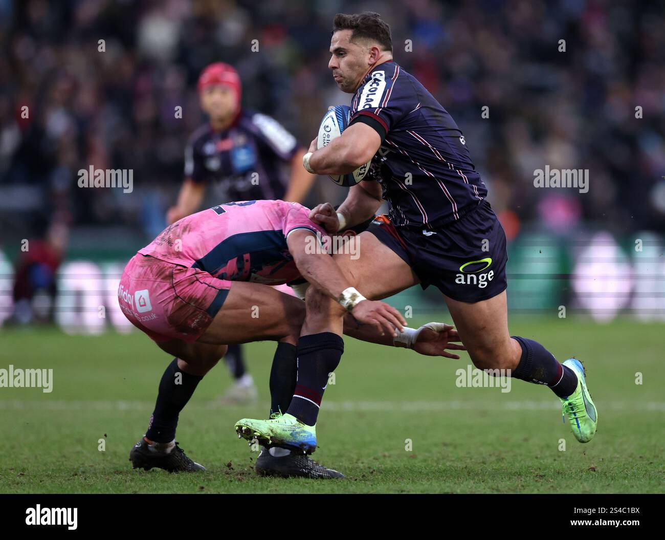 Bordeaux Begles' Rohan Janse van Rensburg tackled by Exeter Chiefs ...