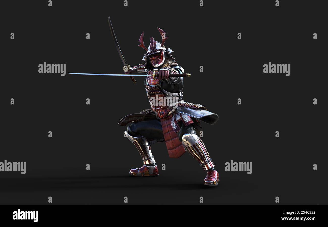 3d Illustration of a samurai wearing Red armor holding a katana sword ...