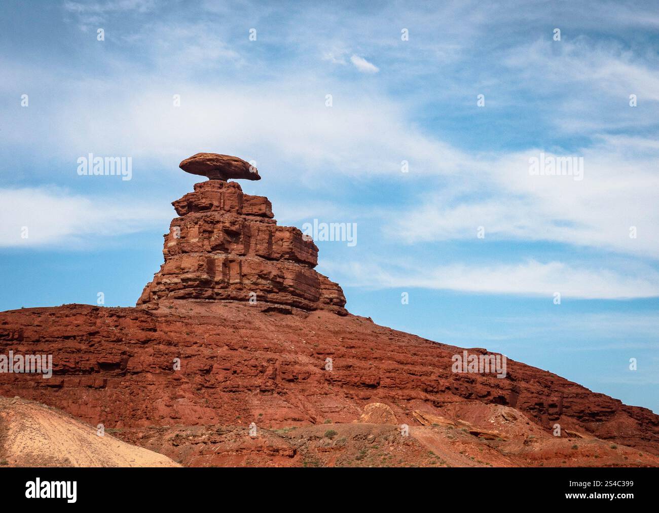 The iconic Mexican Hat rock formation, Utah, with its unique sombrero-shaped structure ...