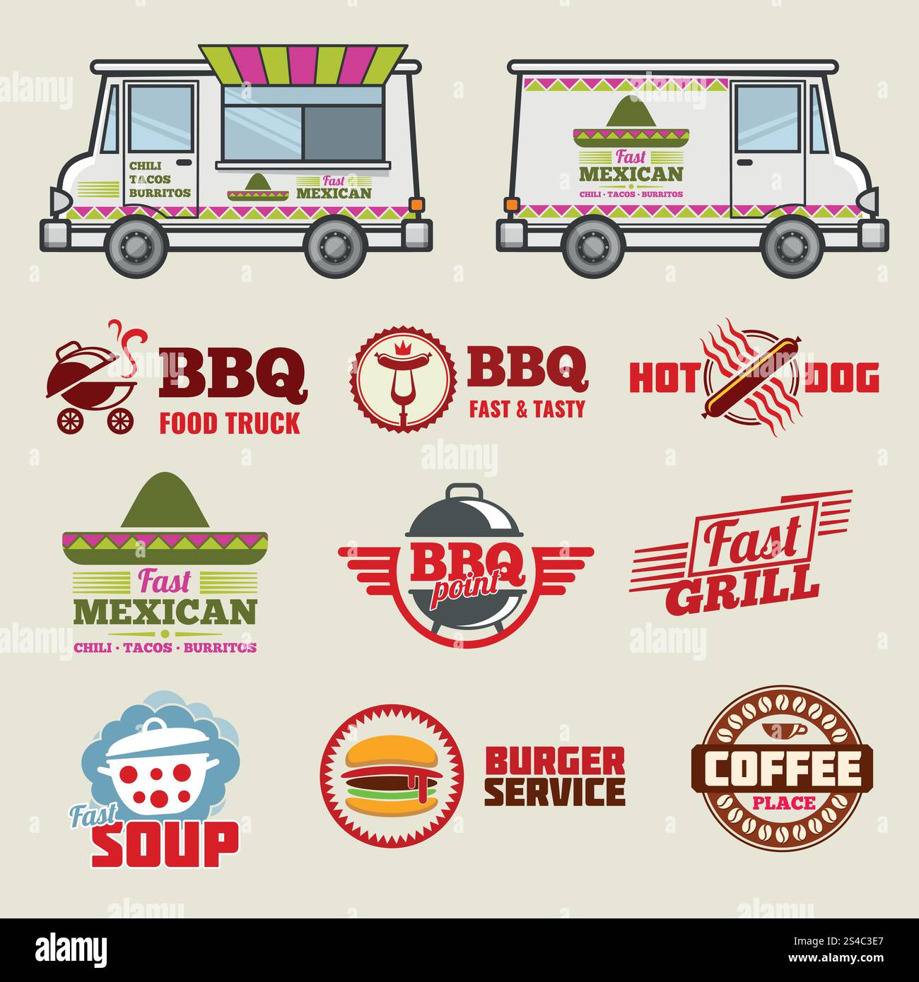 Food truck vector emblems and vehicle template. Food truck vector ...