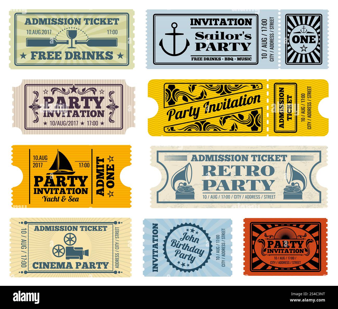 Retro party, cinema, invitation vector tickets set. Retro party, cinema ...