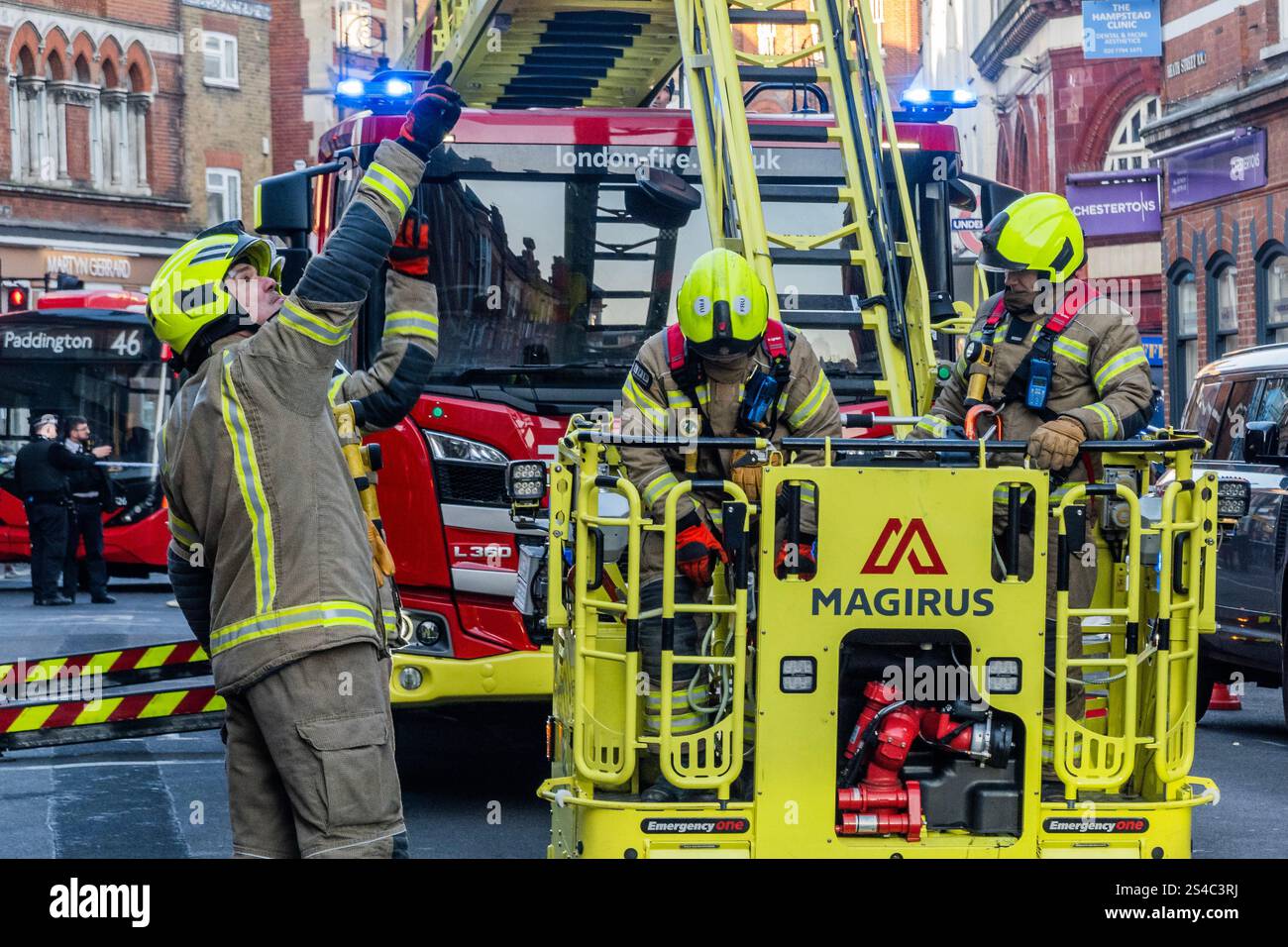 London, UK. 11th Jan, 2025. A Magirus big ladder is deployed to check ...