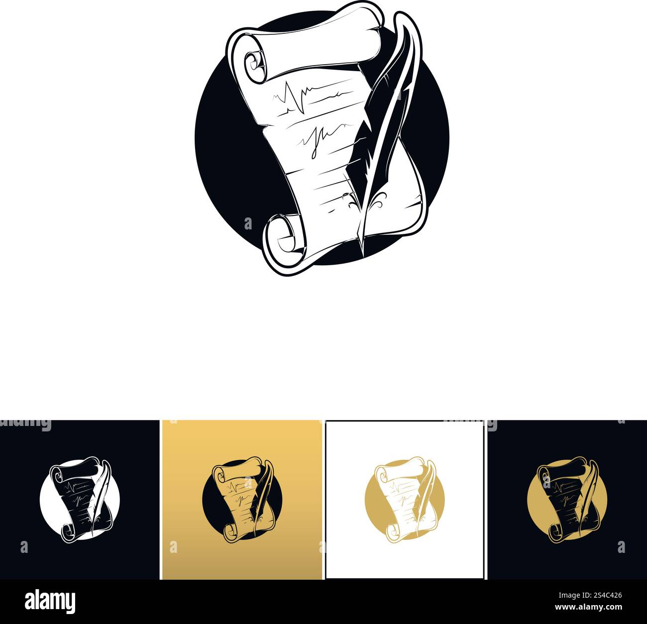 Scroll with feather pen vector icon. Scroll with feather pen vector ...