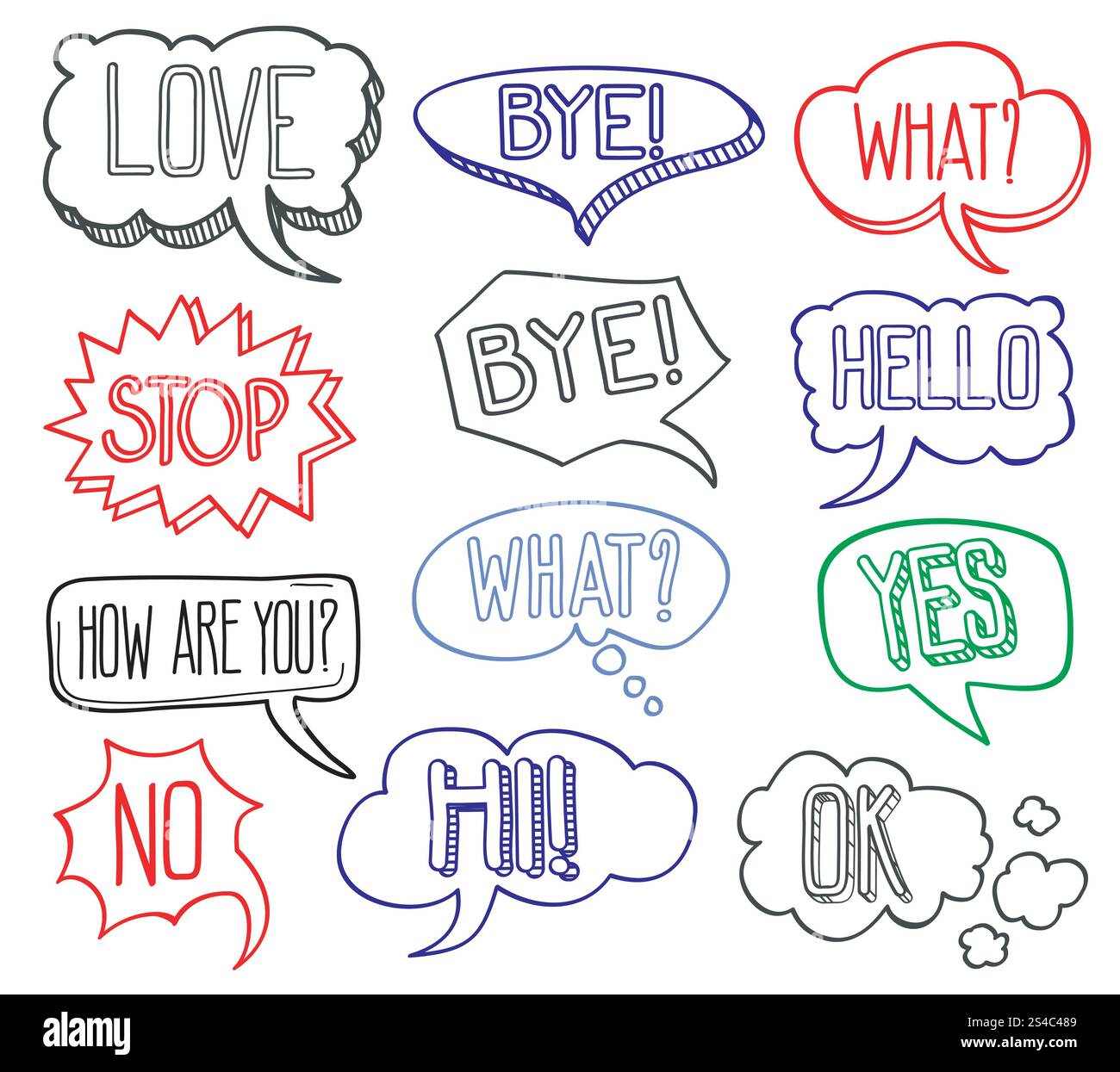 Hand drawn sketch speech bubbles clouds with different messages vector ...