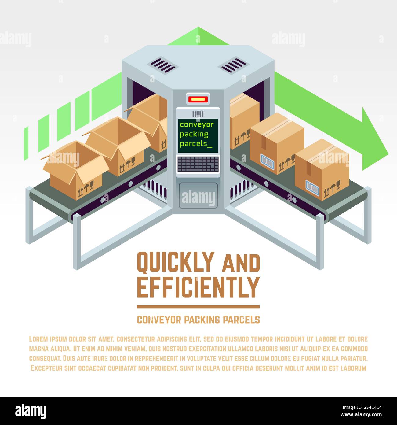 Conveyor packing parcels. Vector 3D isometric concept. Conveyor packing ...