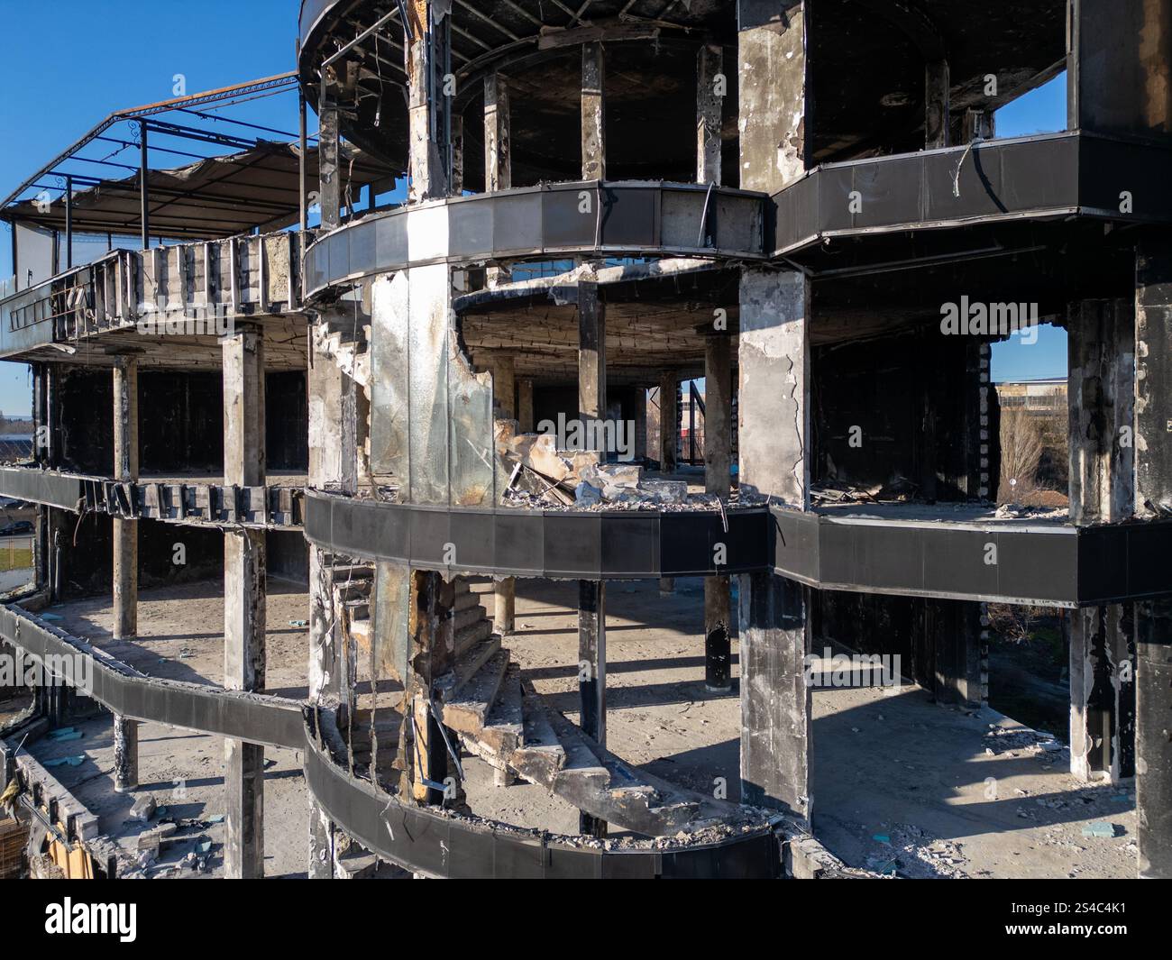 A damaged commercial building or hotel after a devastating fire. The ...