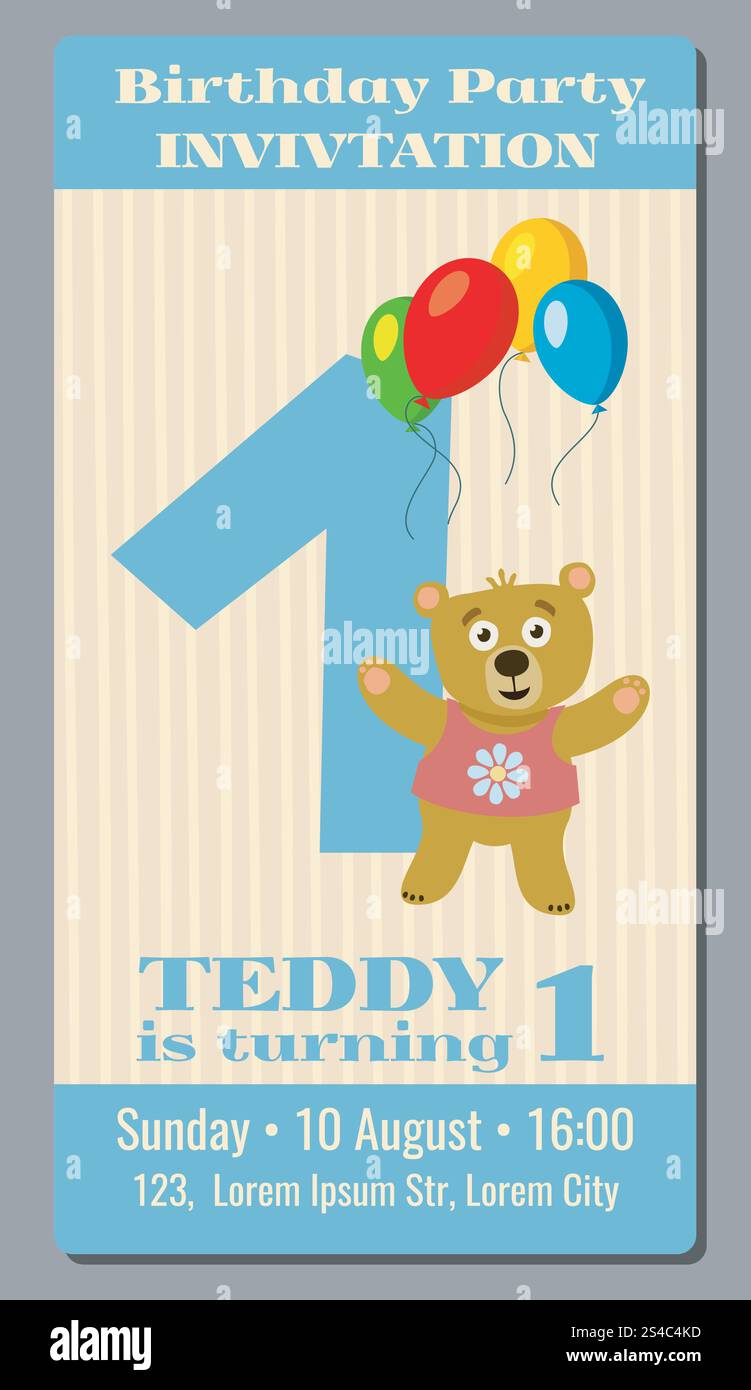 Birthday party invitation card with cute bear vector template 1 year ...