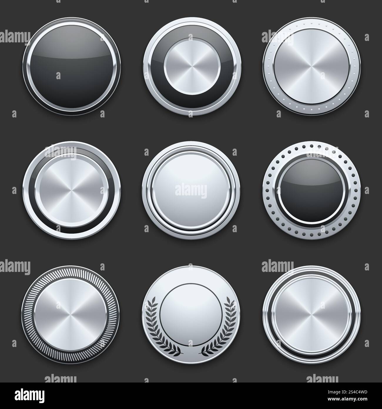 Silver metal chrome vector buttons set. Silver metal chrome vector buttons. Set of switches ...