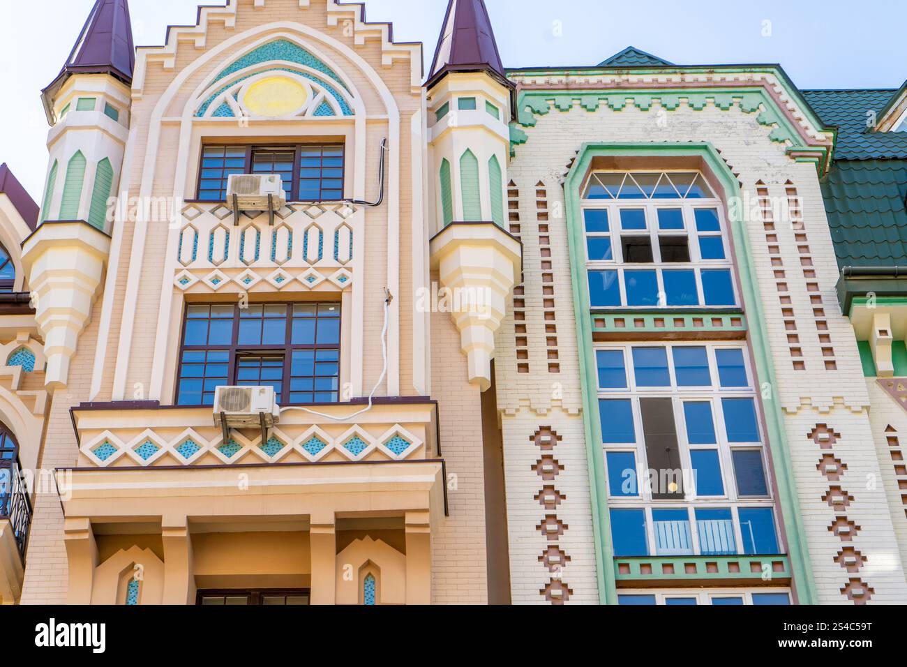 Facade of Colorful Houses Buildings. Bright windows architecture Stock ...