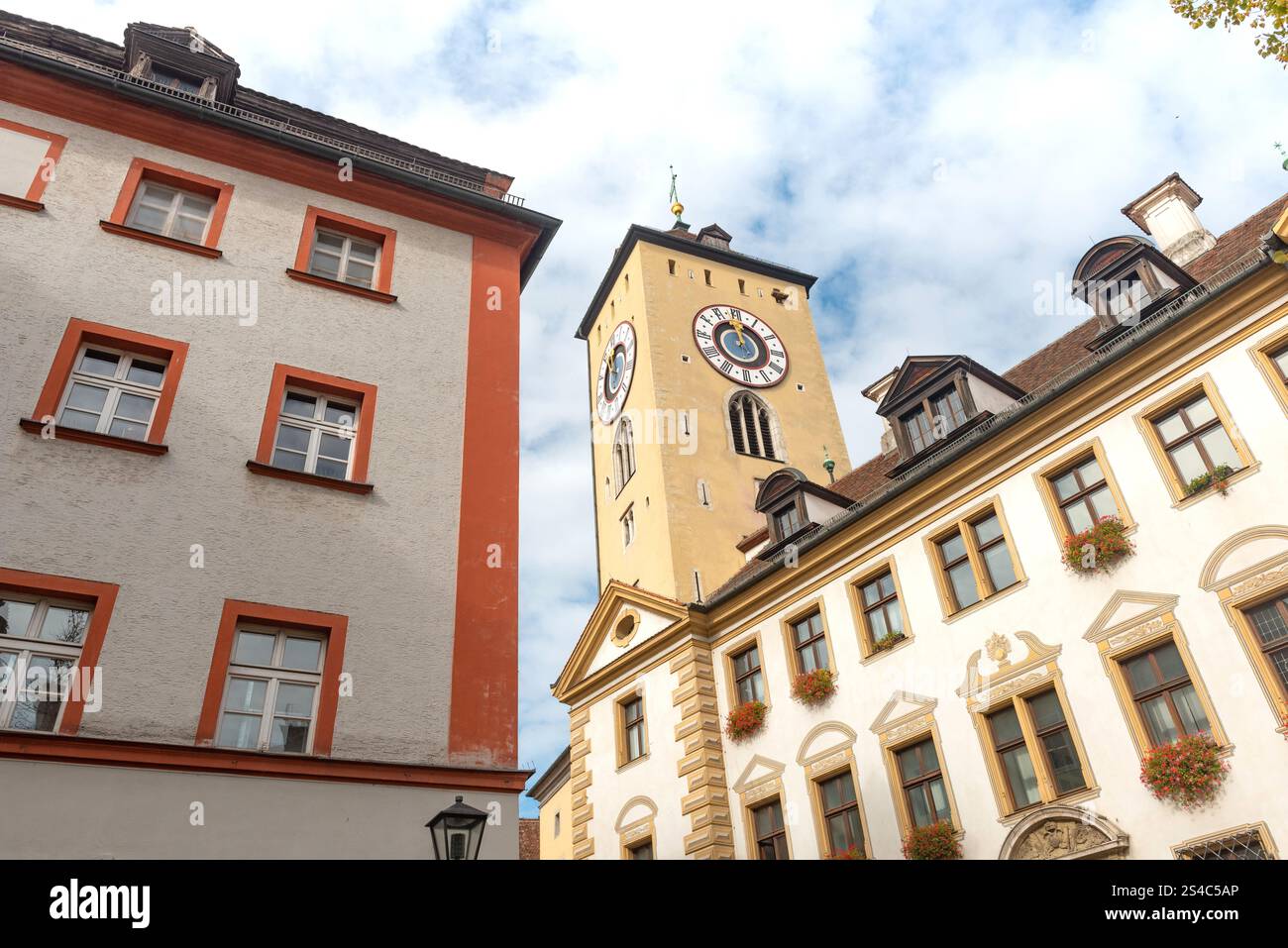 Regensburg clock tower and beautiful medieval architecture of German ...