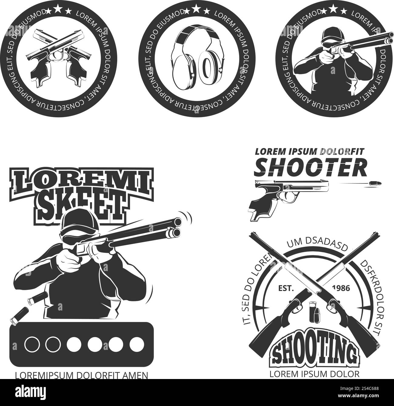 Vintage gun, pistol club vector labels, emblems, badges, logos. Vintage ...