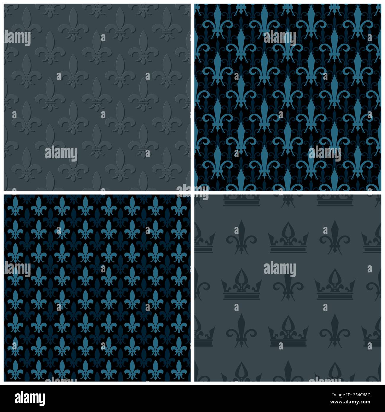 Vector crowns and fleur de lis seamless patterns set. Dark vector crowns and fleur de lis ...