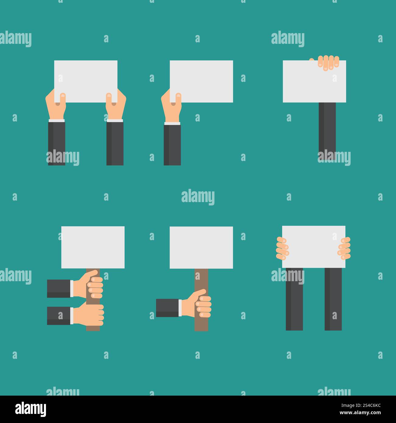 Vector flat business concept with hands holding empty signs or blank paper. Vector flat business ...