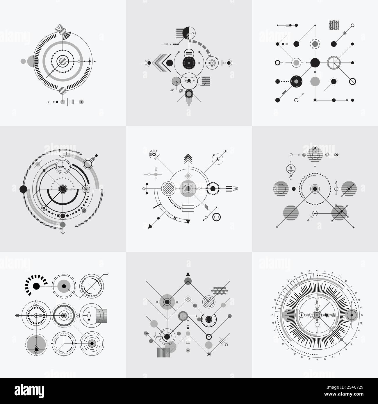 Scientific bauhaus technology circular grids vector set. Scientific ...