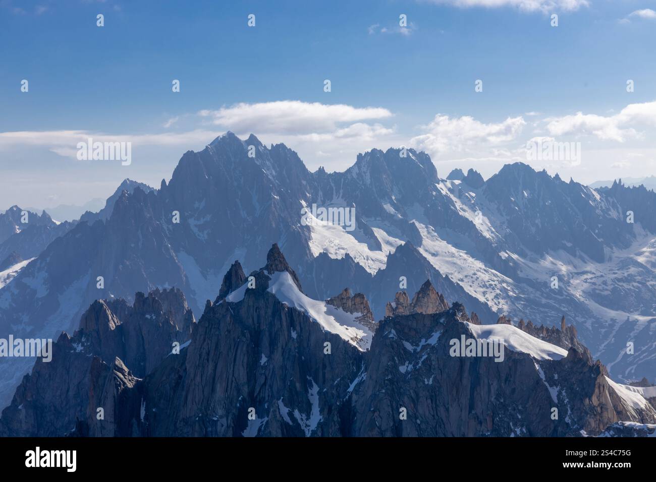 Snow mountain summits and white ice glacier in the Alps. Mont Blanc ...