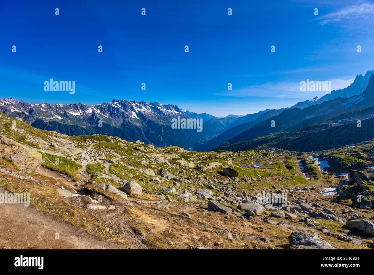 Snow mountain summits and white ice glacier in the Alps. Mont Blanc ...