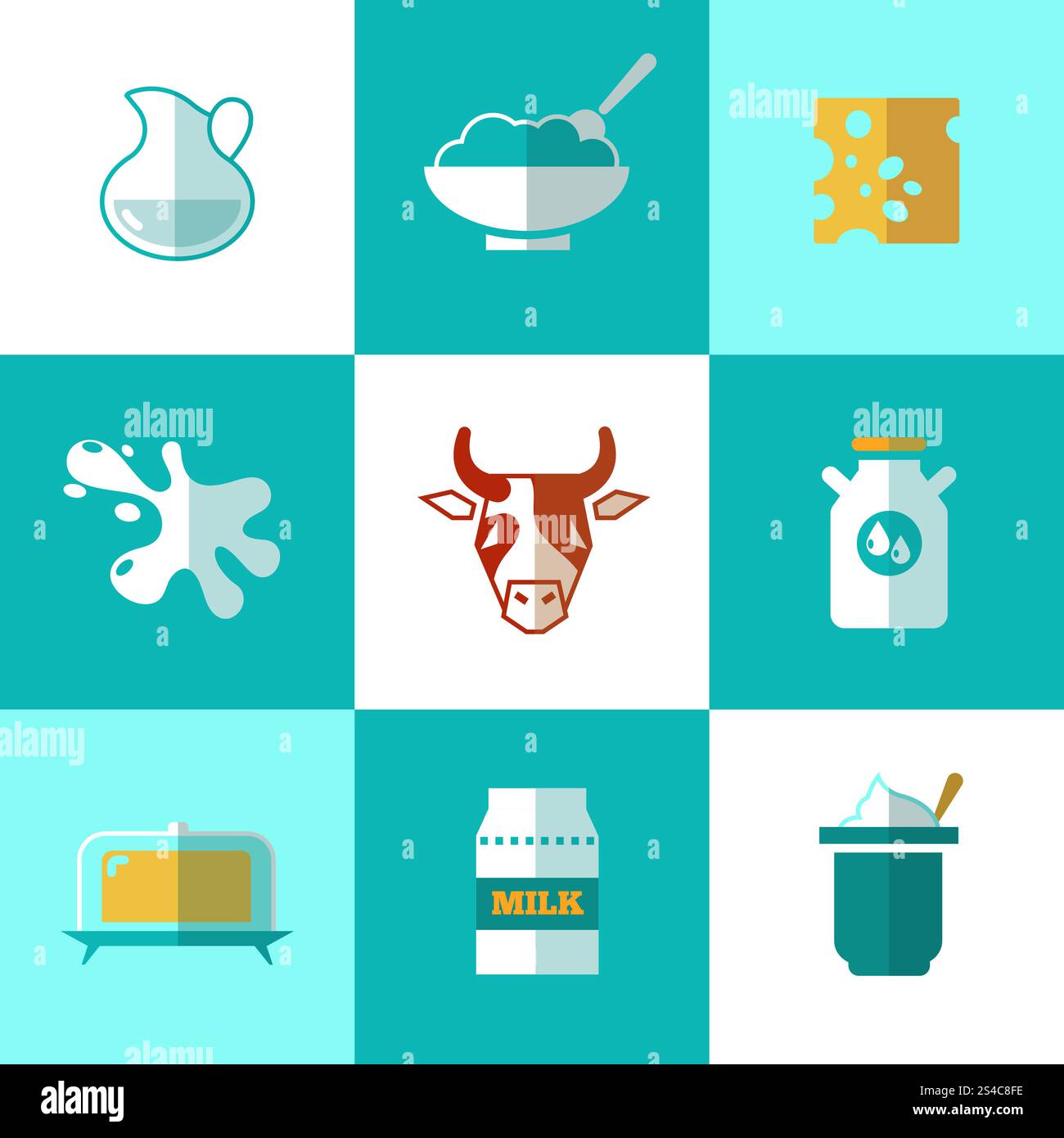 Flat milk and dairy products vector icons. Flat milk and dairy products ...
