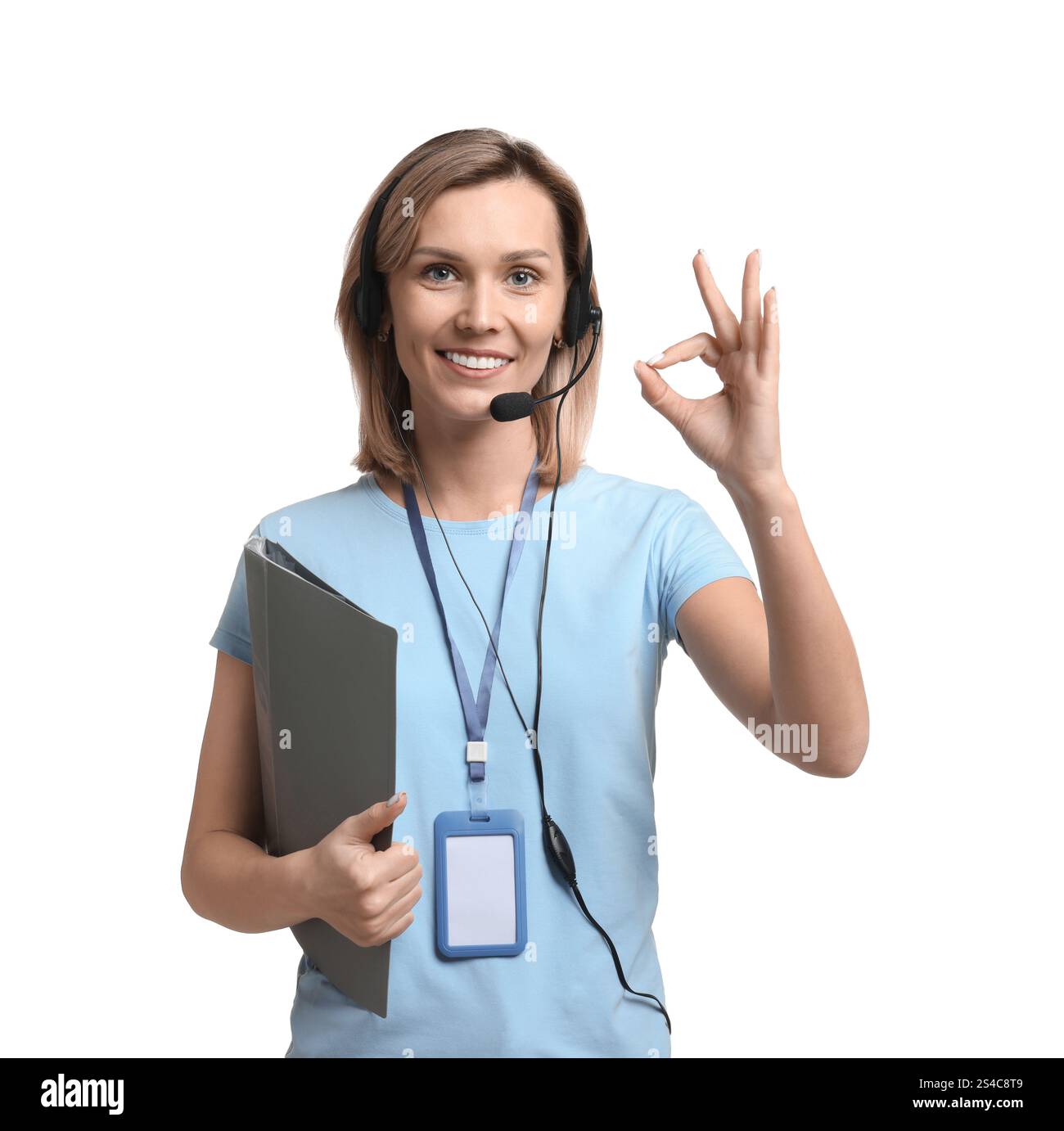 Technical support call center. Smiling operator with folder showing ok ...