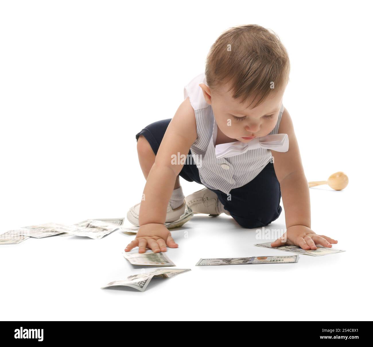 Little baby with money on white background Stock Photo - Alamy