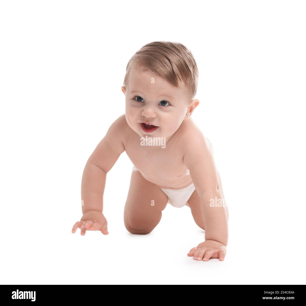 Cute little baby in diaper on white background Stock Photo - Alamy