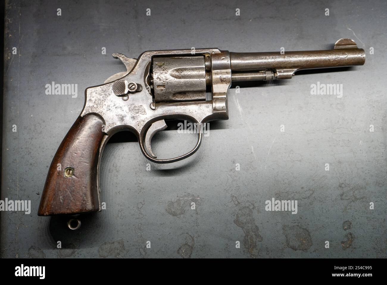 Pistol revolver. Gun gray pistol background. Top view copy space Stock ...